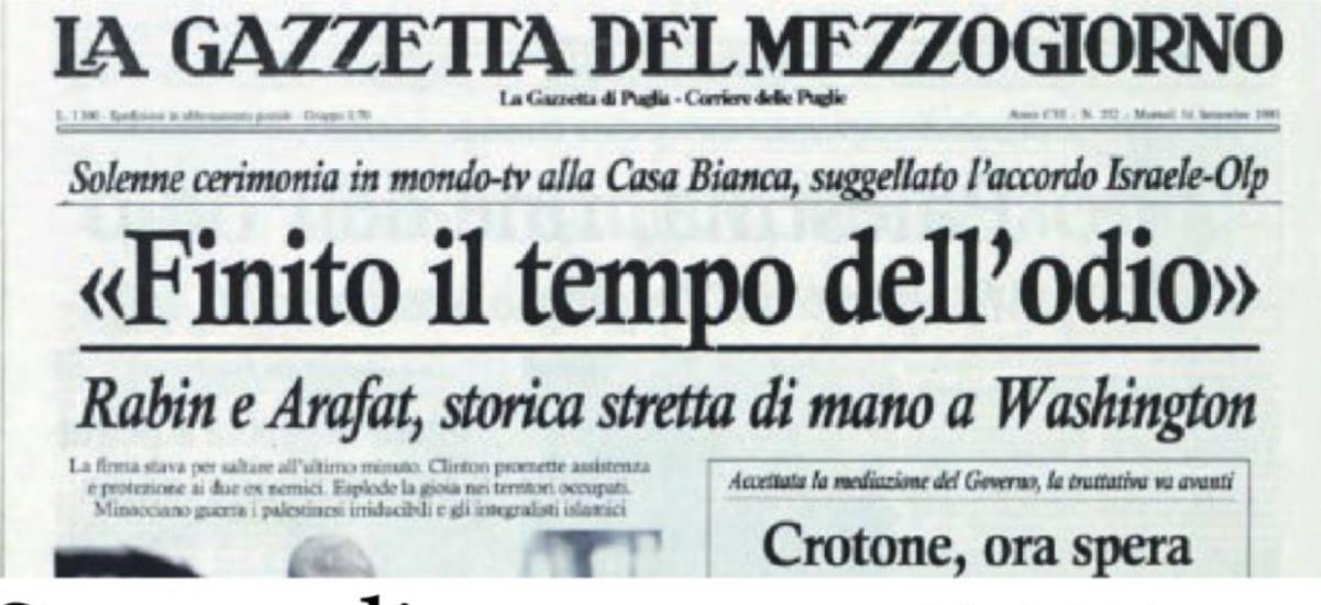 Stretta di mano tra Rabin e Arafat - La Gazzetta del Mezzogiorno